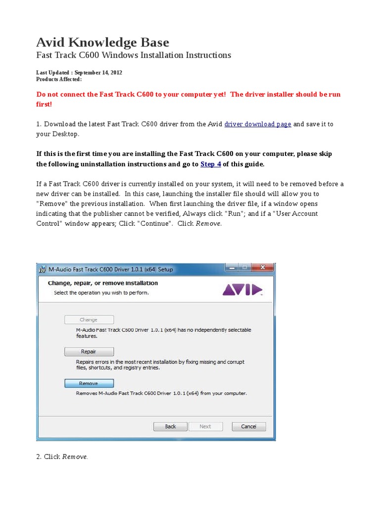 Avid Knowledge Base: Fast Track C600 Windows Installation Instructions | PDF | Computers