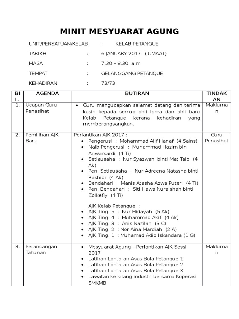 Minit Mesyuarat Agung Kelab/Persatuan/Unit Uniform/Permainan | PDF