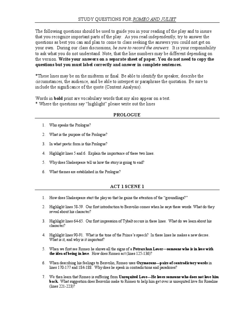 Study Questions For Romeo and Juliet | PDF | Characters In Romeo And ...