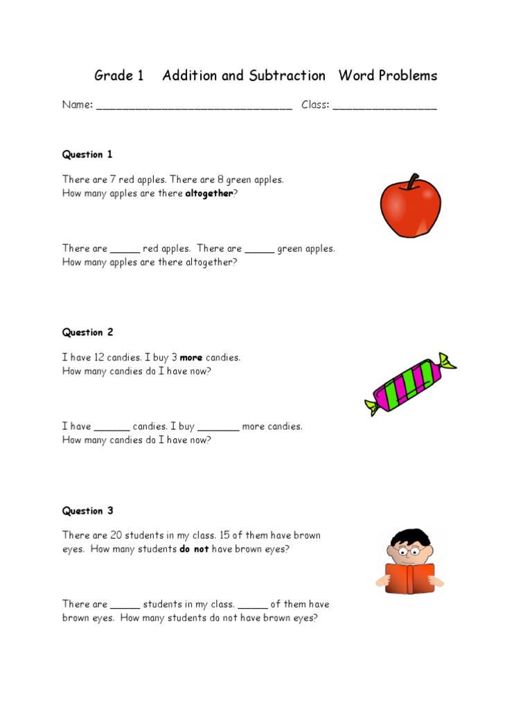 Grade 1 Math Word Problems Worksheet | PDF | Self-Improvement | Wellness
