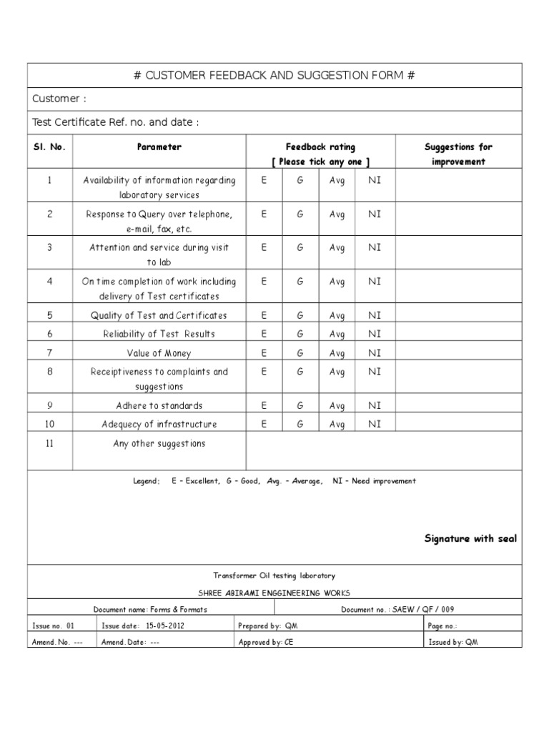 # Customer Feedback and Suggestion Form # | PDF