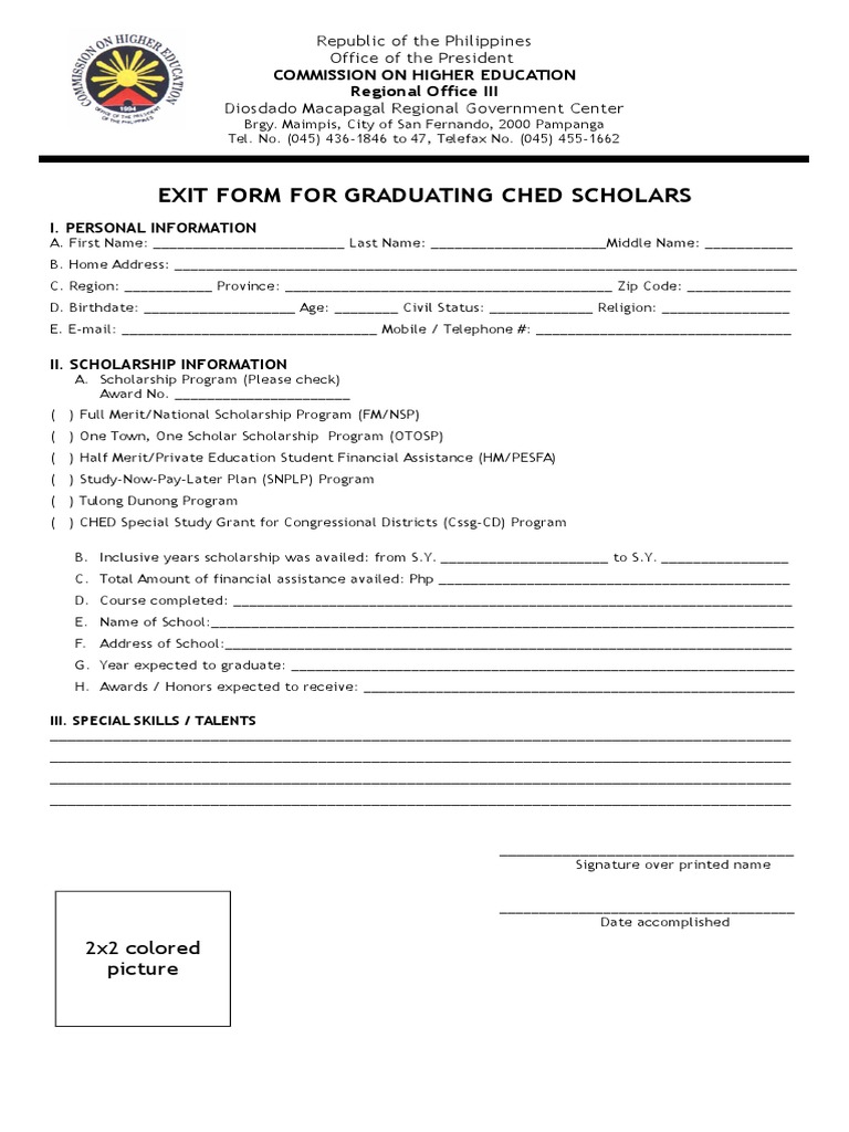 Exit Form For Graduating Ched Scholars: Commission On Higher Education ...