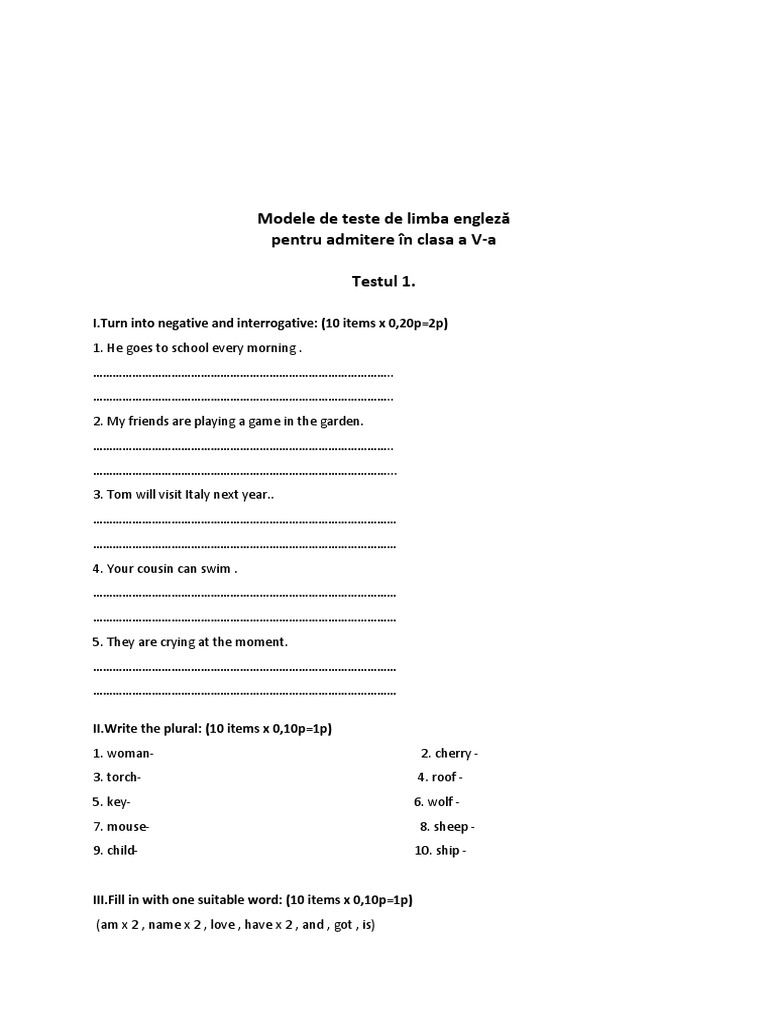 Modele de Test de Limba Engleza | Syntax | Onomastics