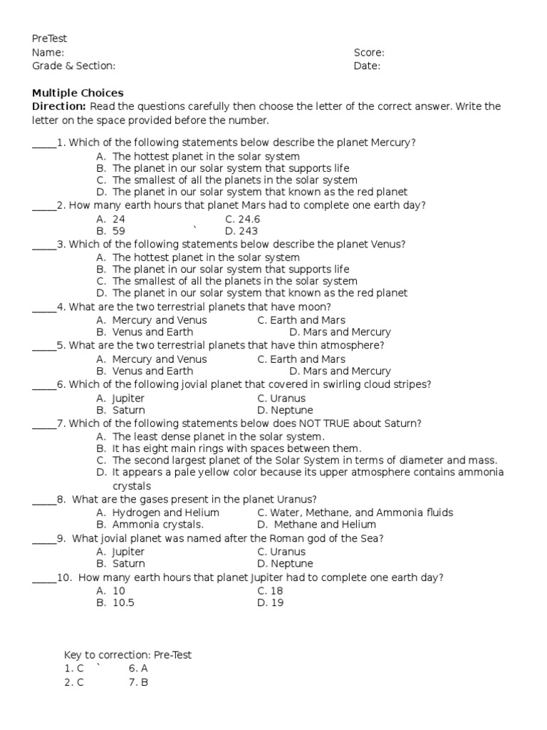 Solar System Test Grade 3