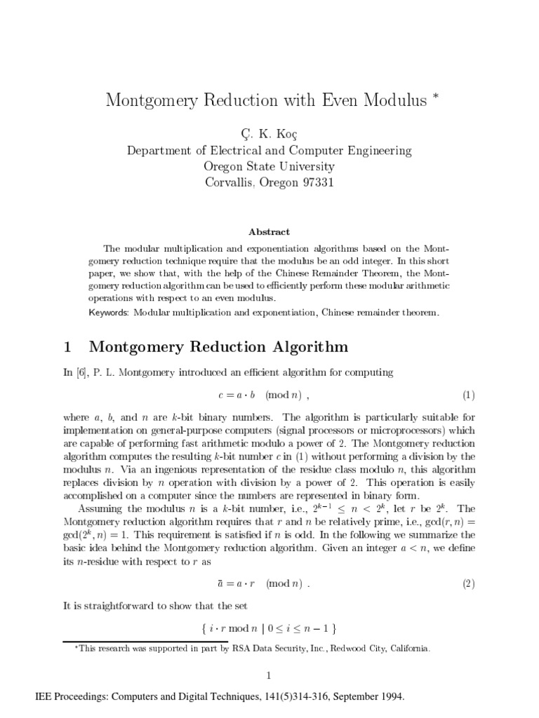 Montgomery Reduction With Even Modulus | PDF | Exponentiation | Algorithms