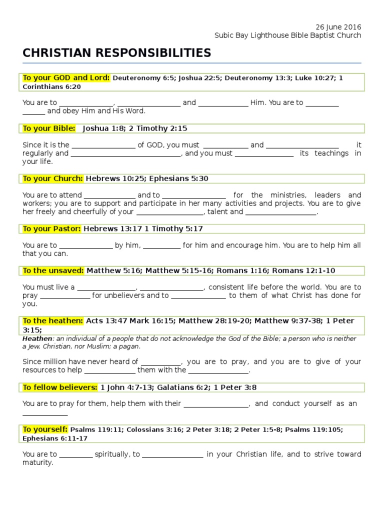 Christian Responsibilities: Deuteronomy 6:5 Joshua 22:5 Deuteronomy 13: ...