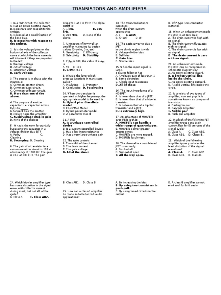Transistor Circuit Quiz Questions | PDF | Amplifier | Field Effect ...