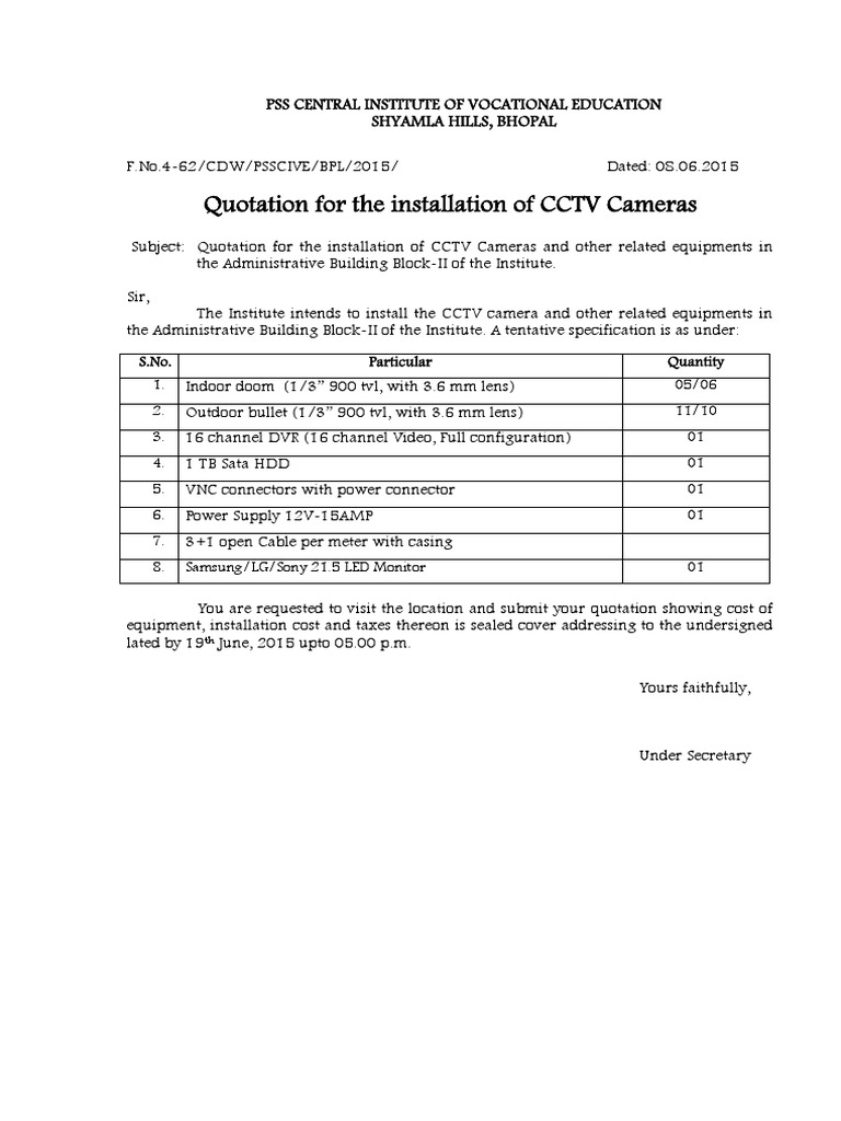 Quotation For The Installation of CCTV Cameras | PDF