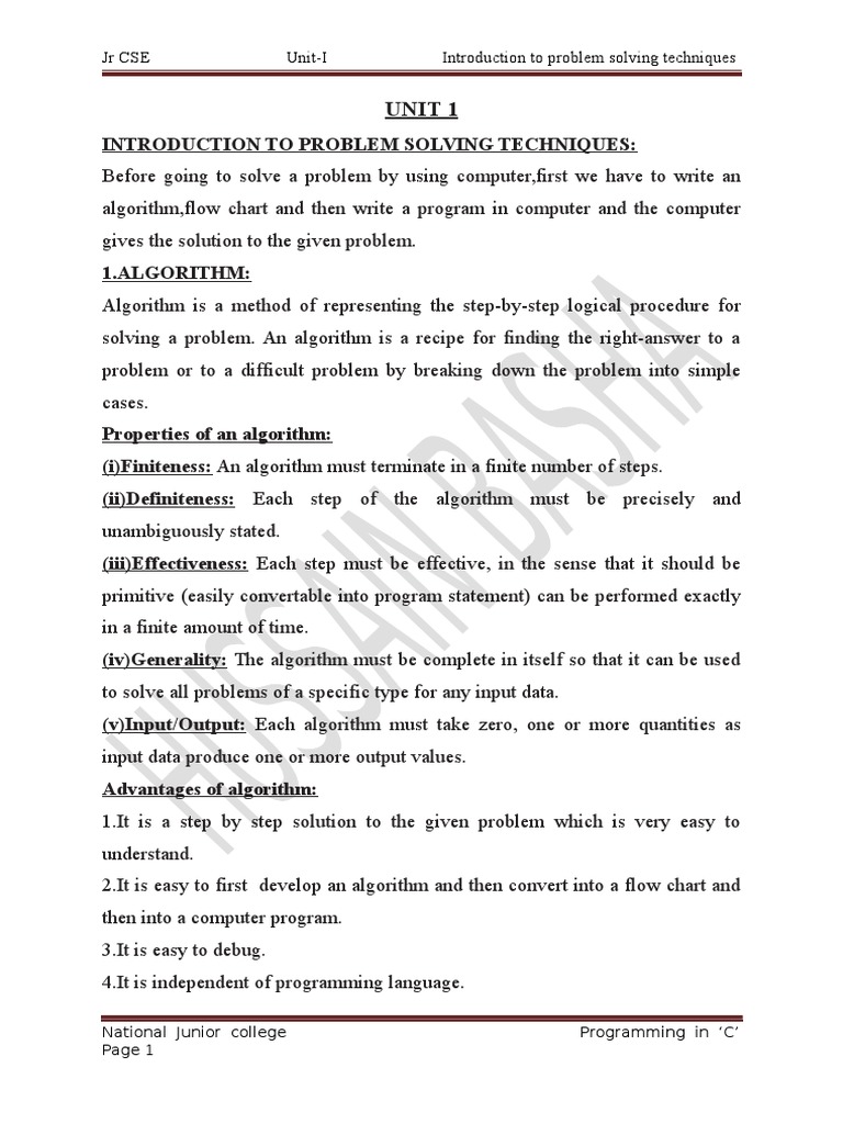 Unit 1: JR CSE Unit-I Introduction To Problem Solving Techniques | Download Free PDF ...