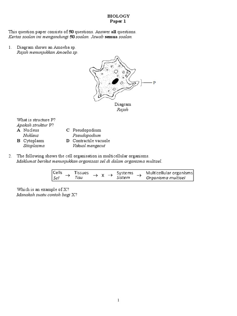 Biology Paper 1: This Question Paper Consists of 50 Questions. Answer ...