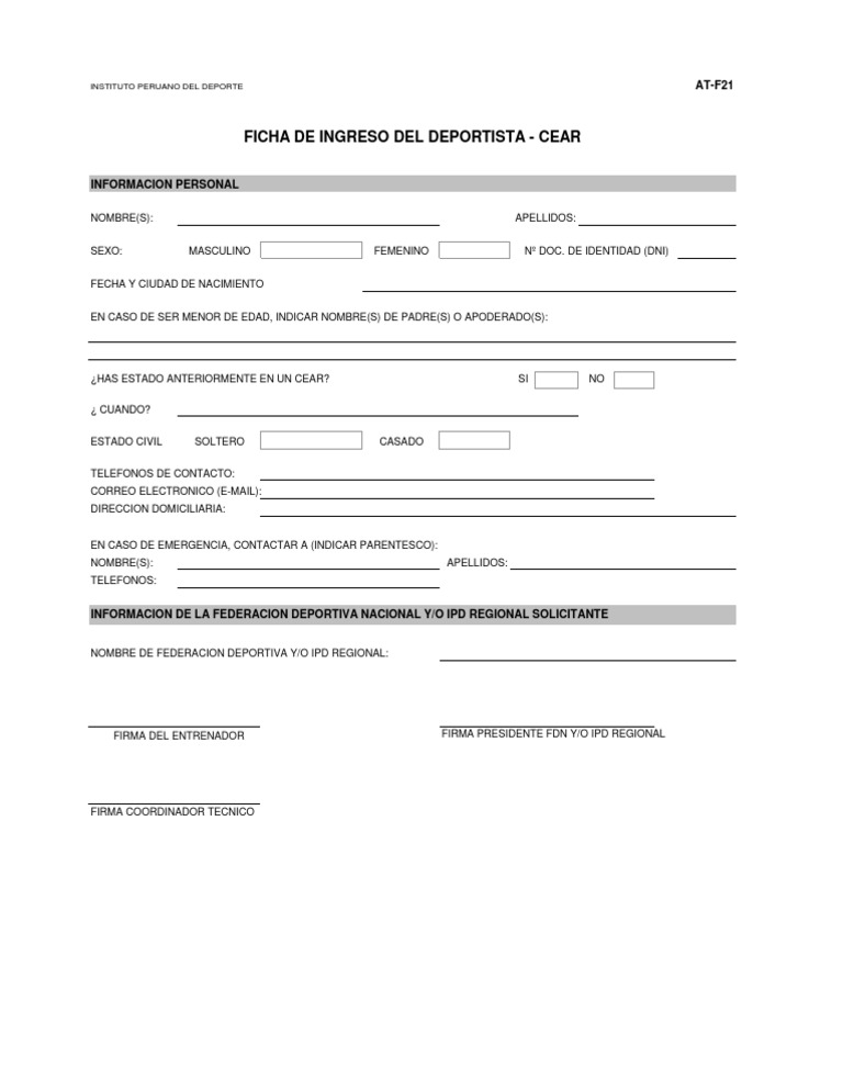 Ficha de Ingreso Del Deportista - Cear | PDF