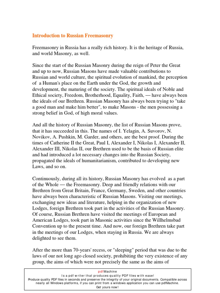 Russian Freemasonry PDF | PDF | Freemasonry | Masonic Lodge
