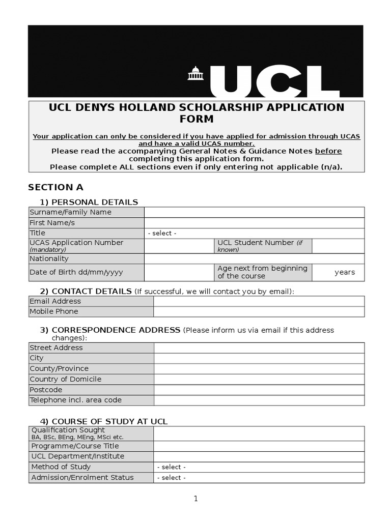 Denys Holland Scholarship Application Form | PDF | University College ...