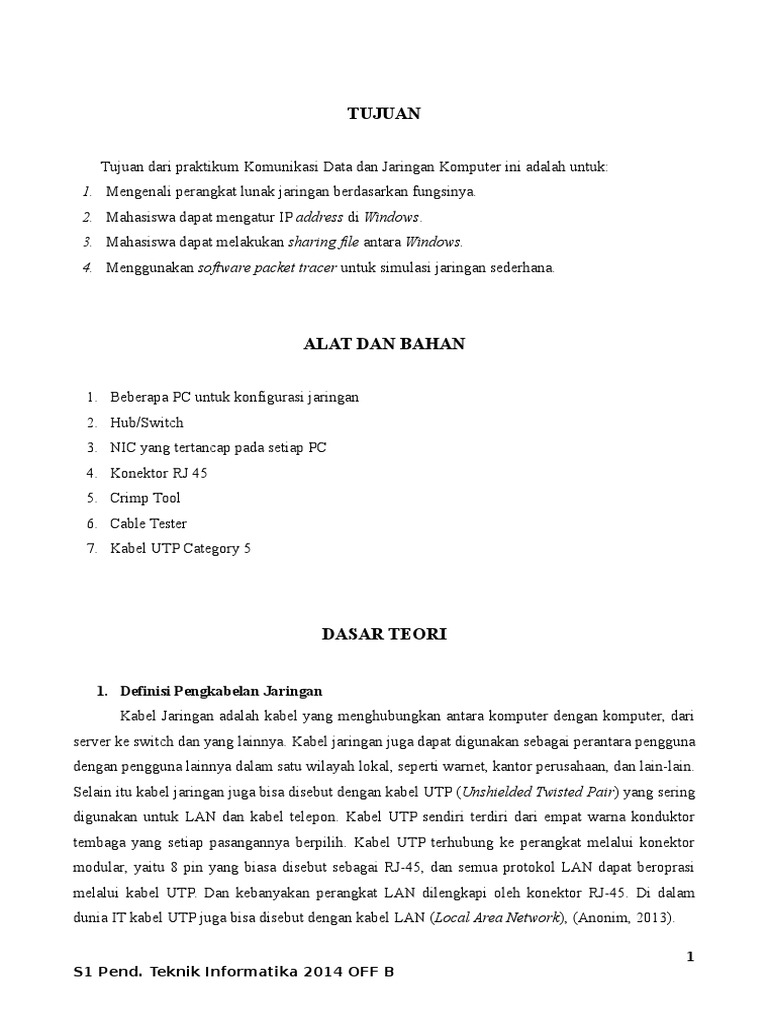 Laporan 1 Komunikasi Data Dan Jaringan Komputer (KDJK) - Pengkabelan ...