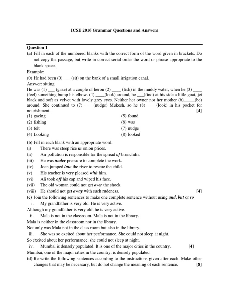 ICSE 2016 Grammar Questions and Answers | PDF
