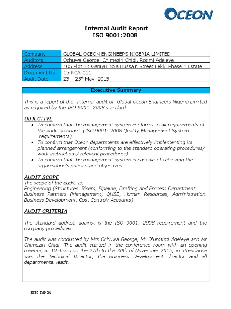 Internal Audit Summary: Global Oceon | PDF | Iso 9000 | Internal Audit