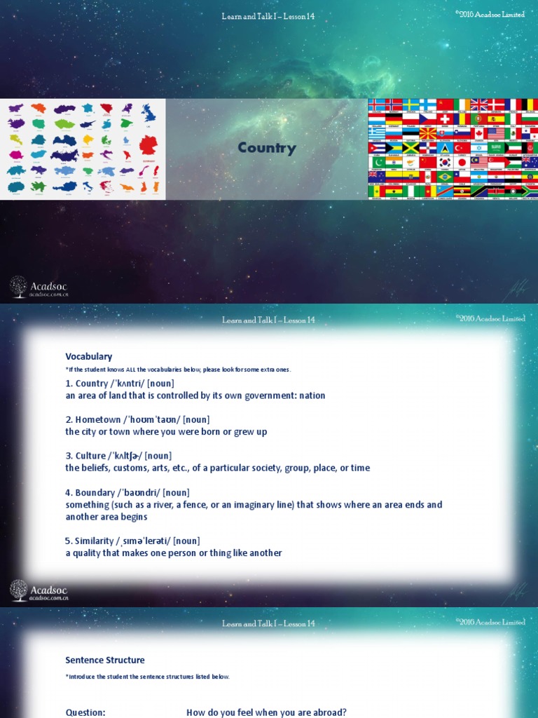 Country: Learn and Talk I - Lesson 14 | PDF | Vocabulary | Conversation