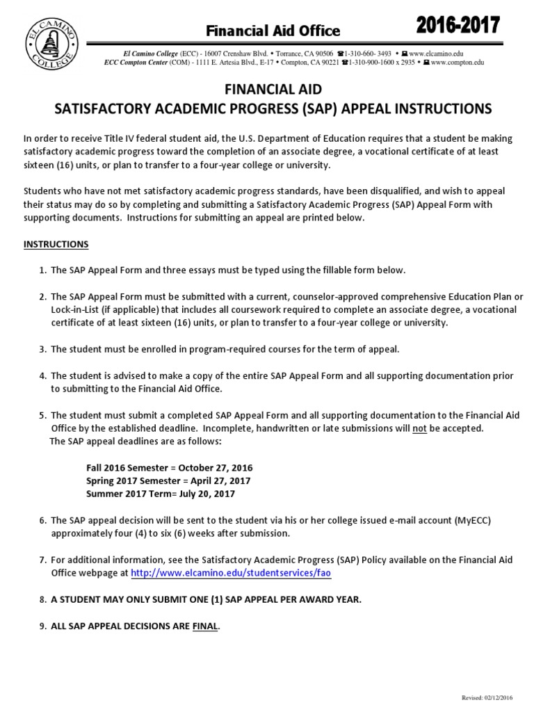 Financial Aid Satisfactory Academic Progress (Sap) Appeal Instructions ...