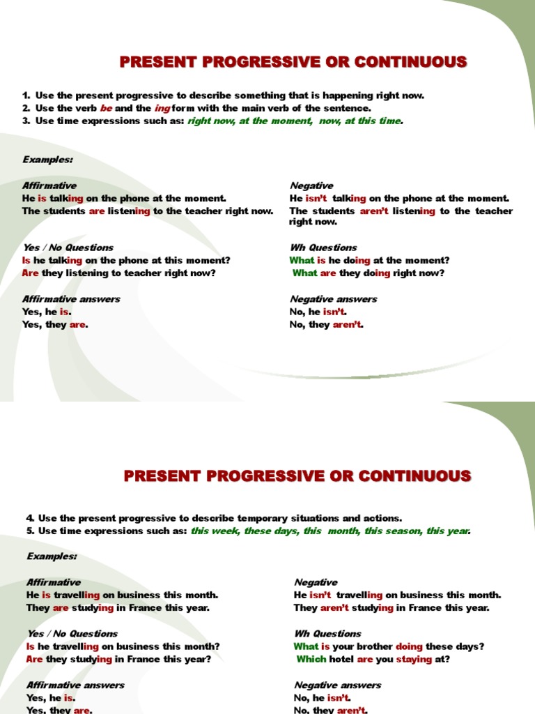 Present Progressive Usage Guide | PDF | Question | Rules