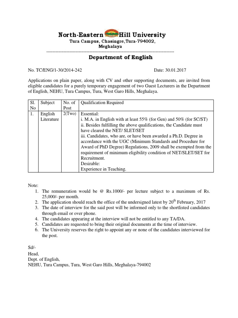 Notification NEHU Guest Lecturer Posts1 | PDF