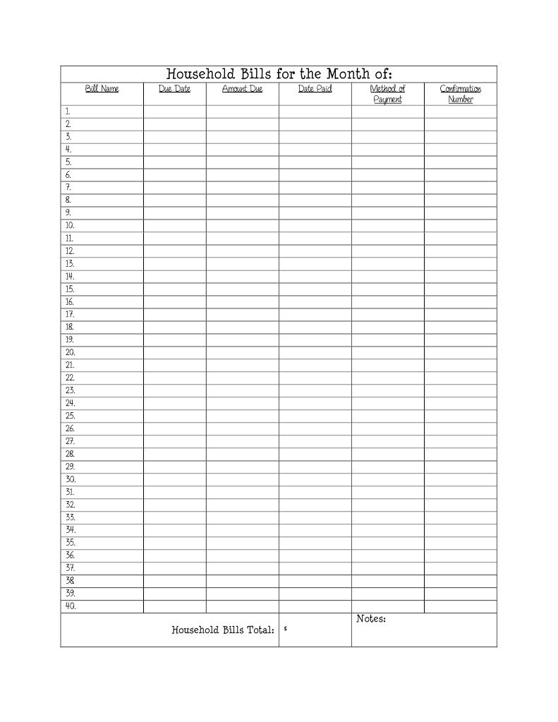 Monthly Household Bills Checklist | PDF