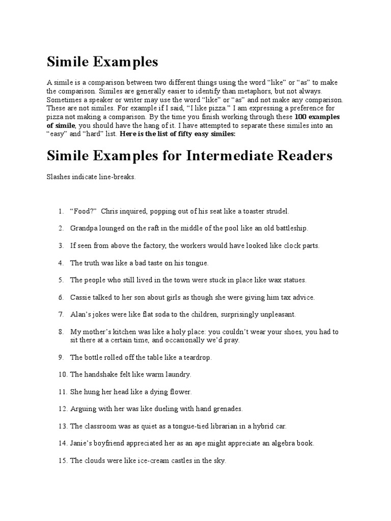 A Collection of Simile Examples for Readers of Various Levels | PDF ...