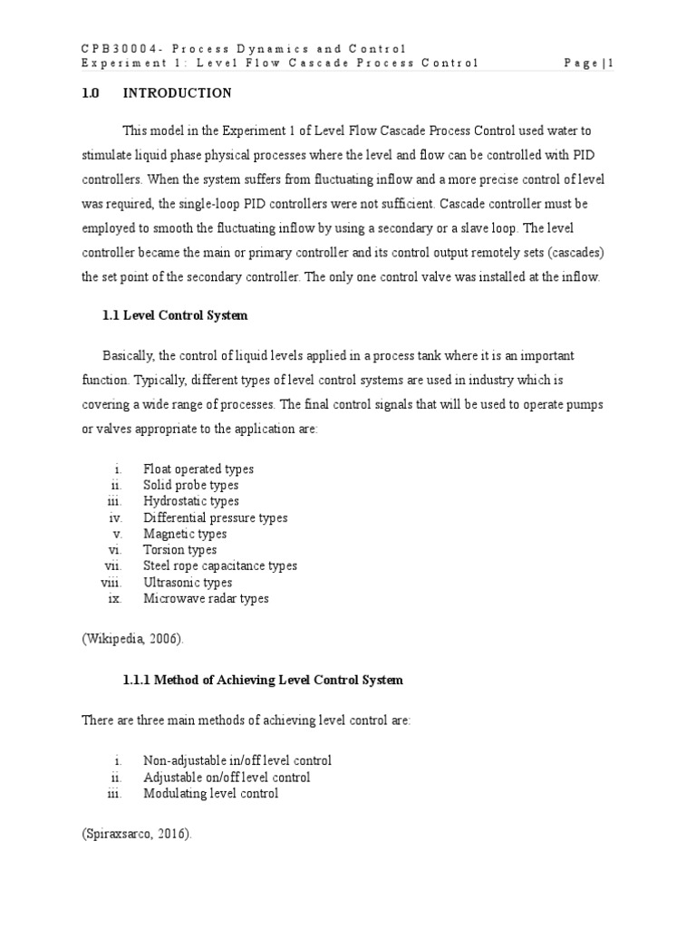CPB30004 Process Dynamics and Control Experiment 1: Level Flow Cascade ...
