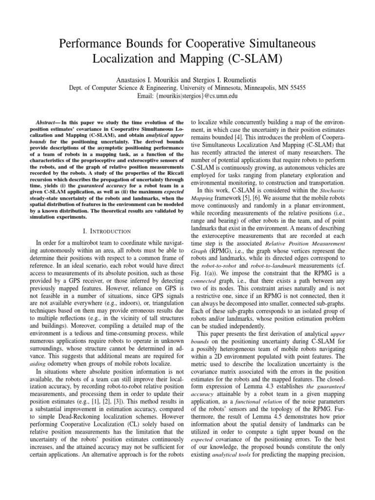 Performance Bounds For Cooperative Simultaneous Localization and Mapping (C-SLAM) | PDF ...