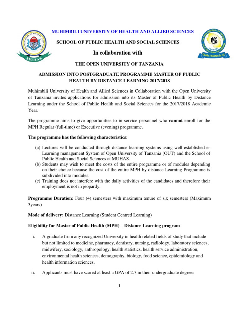 Call For Application - Muhas | PDF | Postgraduate Education | Distance ...