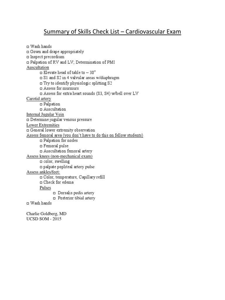 Cardiovascular Exam Skills CheckList | PDF