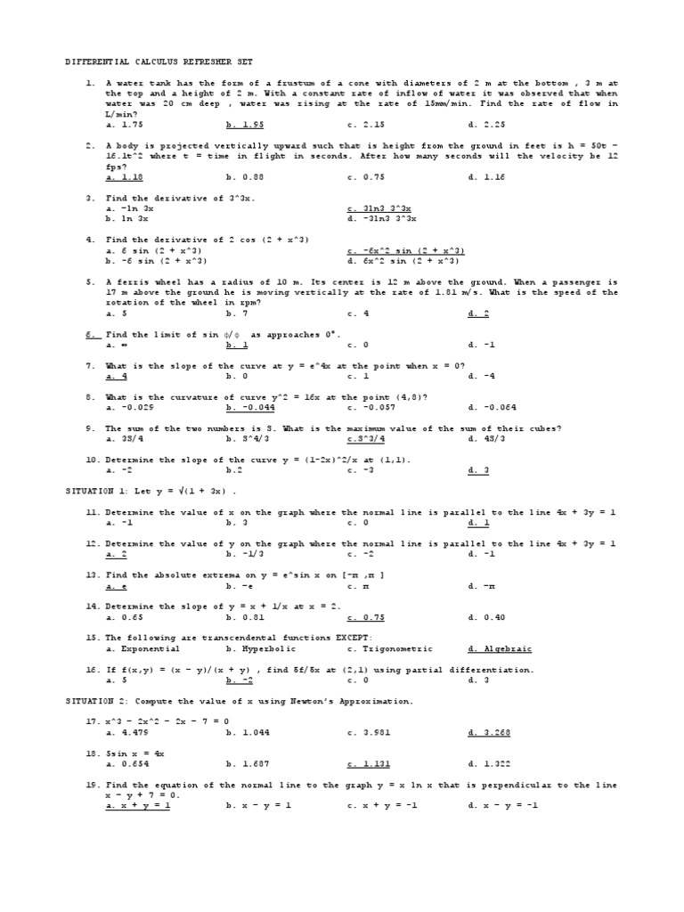 Differential Calculus Refresh | PDF | Slope | Trigonometric Functions