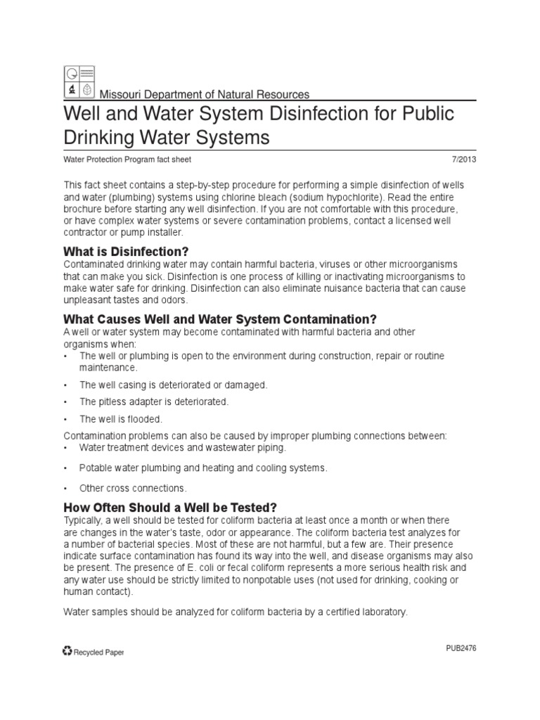 Well and Water System Disinfection for Public Drinking Water Systems ...