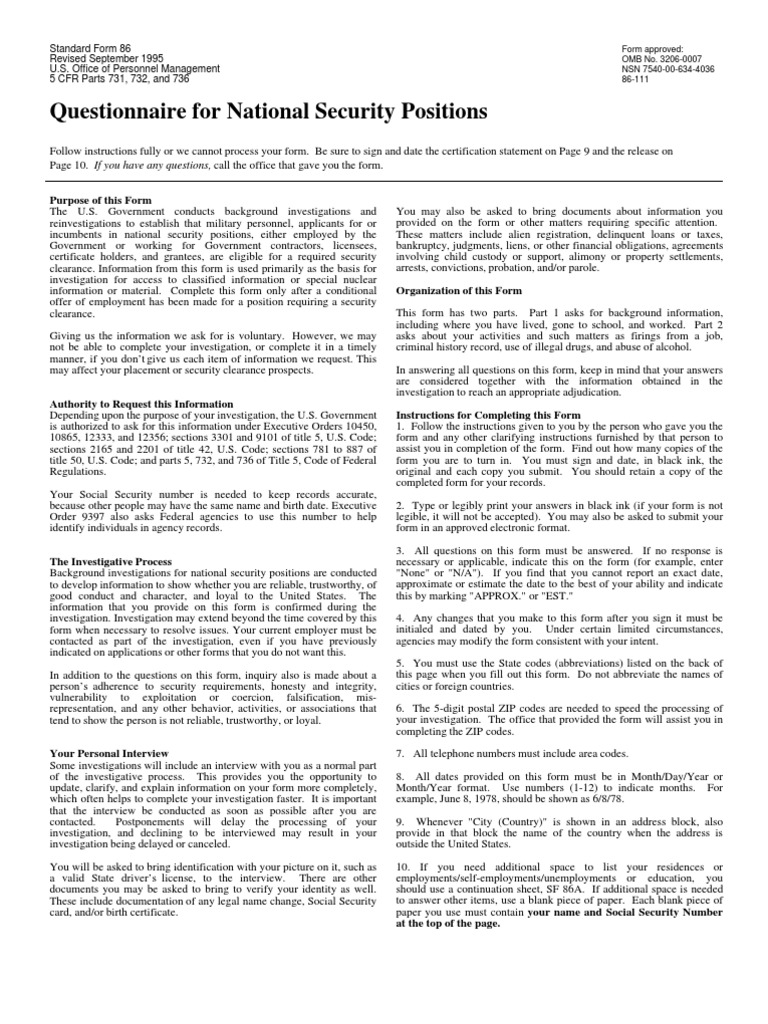Standard Form 86: Questionnaire For National Security Positions | PDF ...