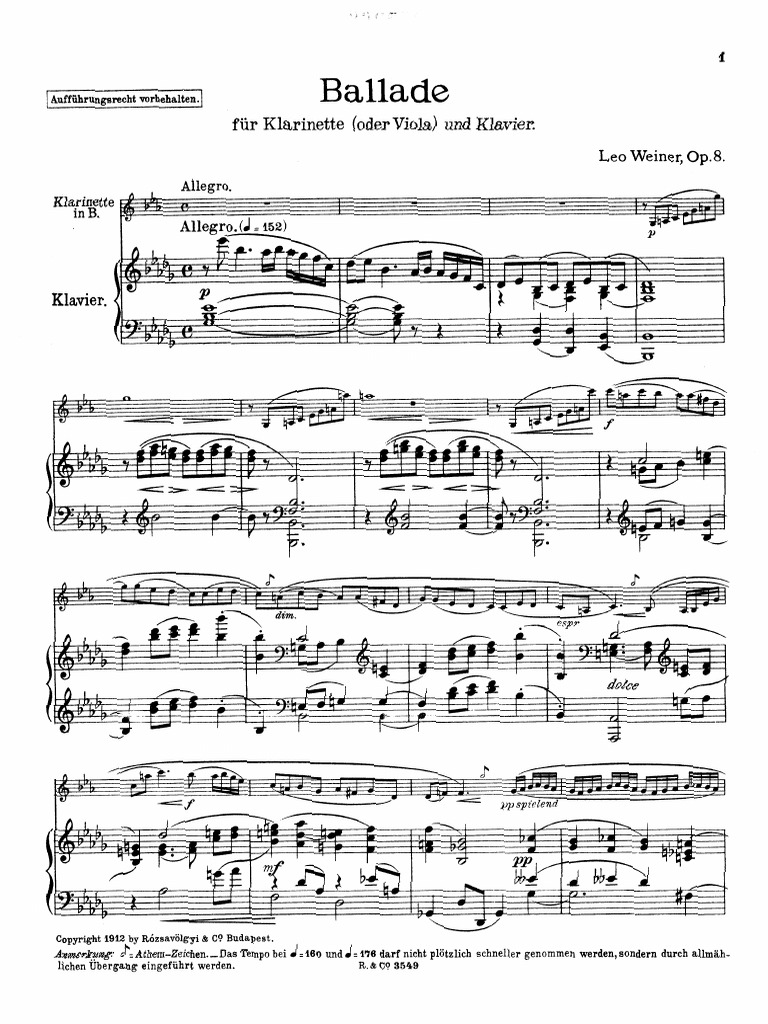 Leo Weiner - Ballade For Clarinet Piano Score | PDF