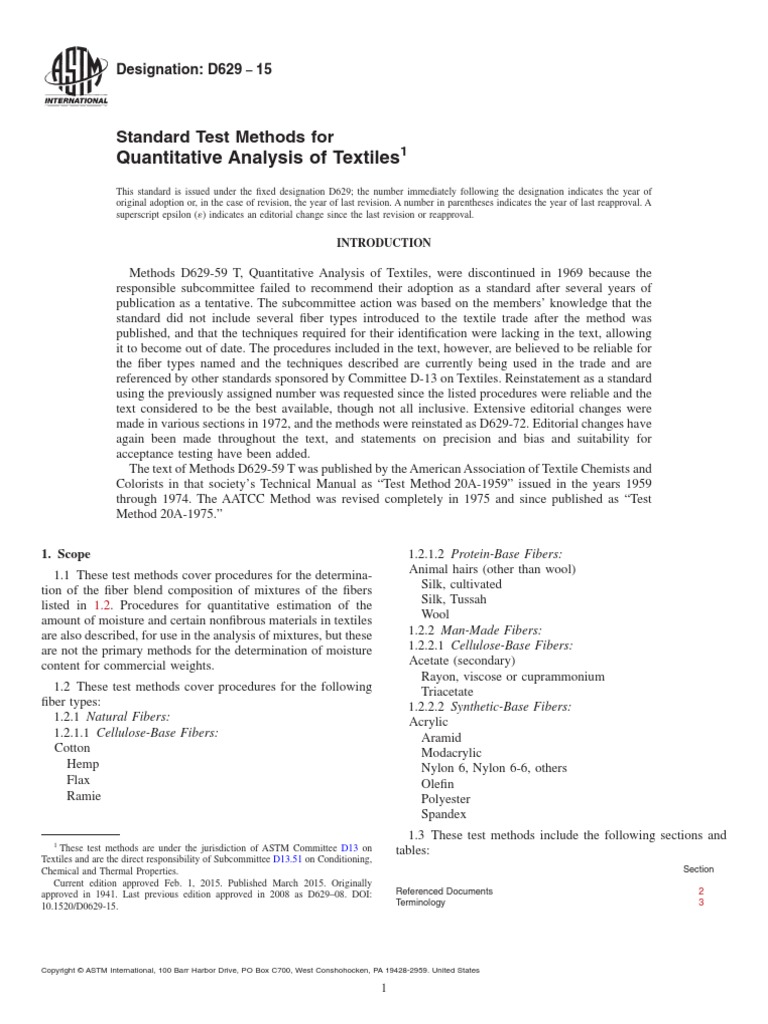 D629-15 Standard Test Methods For Quantitative Analysis of Textiles ...