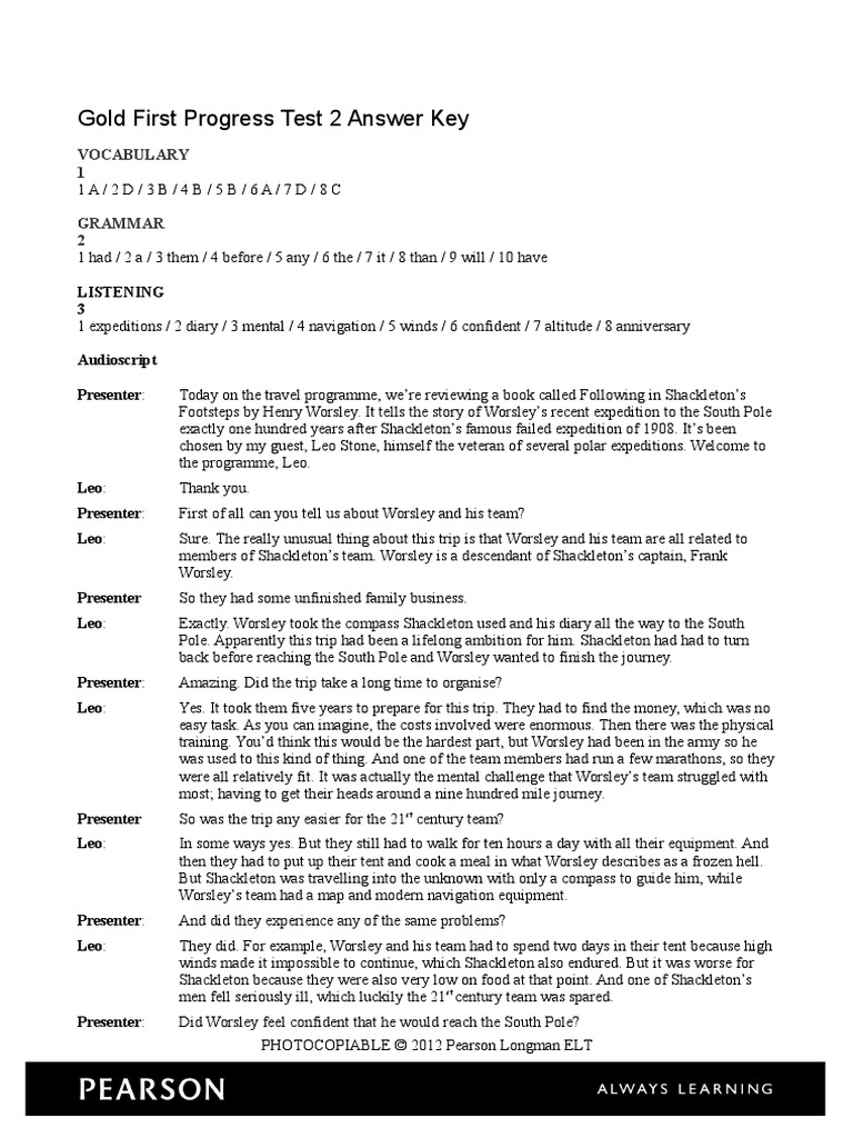 Progress Test 2 Key | PDF | Ernest Shackleton | South Pole