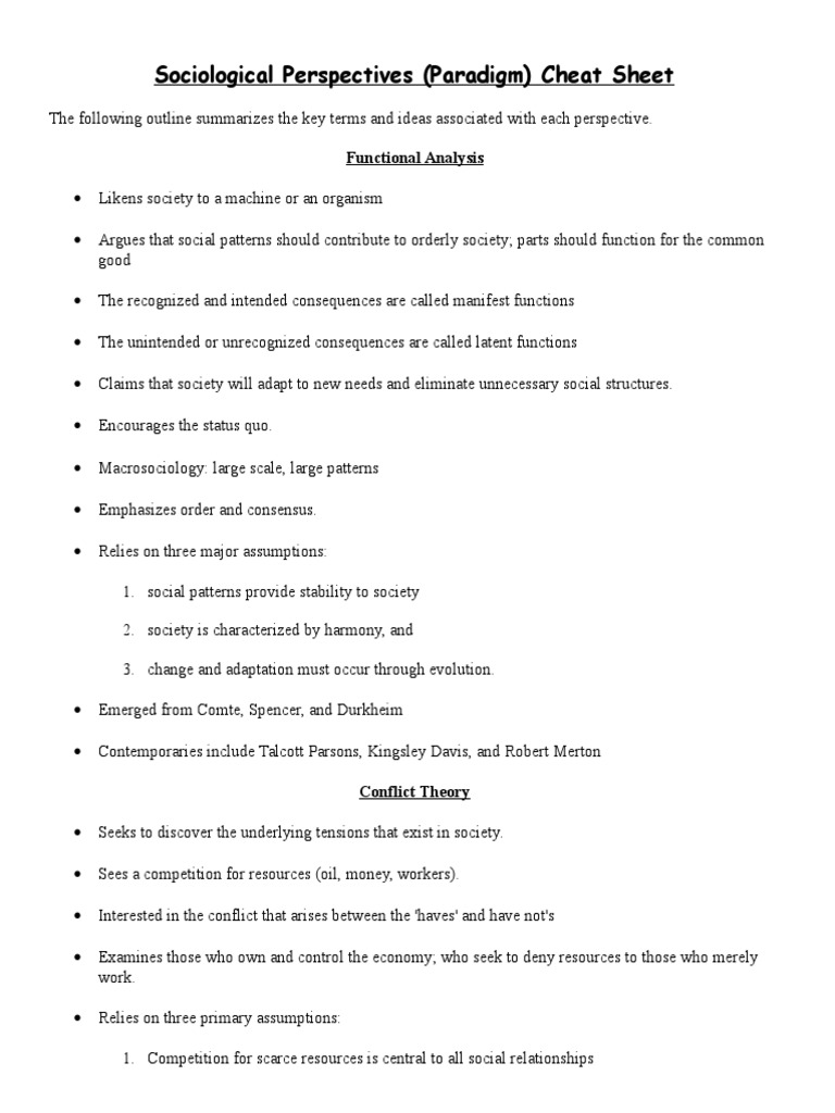 Sociological Perspectives Cheat Sheet Handout NEW | PDF | Social ...