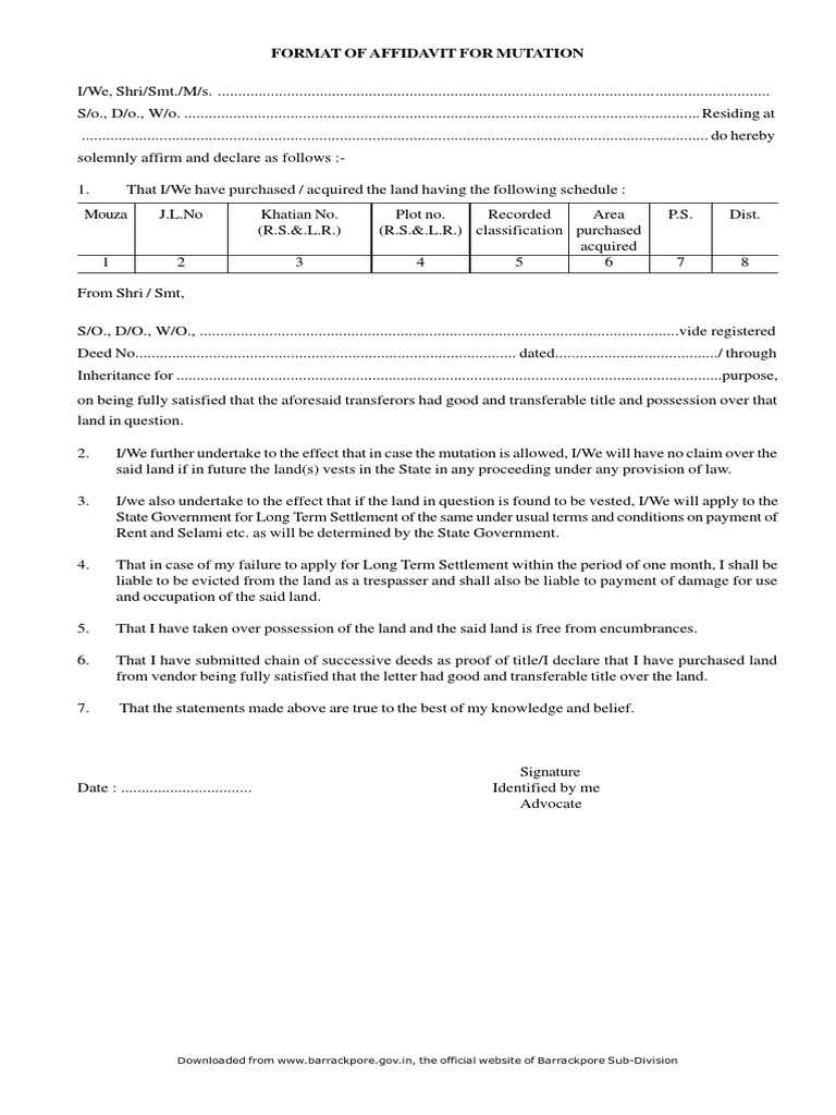 Affidavit Format for Property Mutation | PDF | Virtue | Private Law