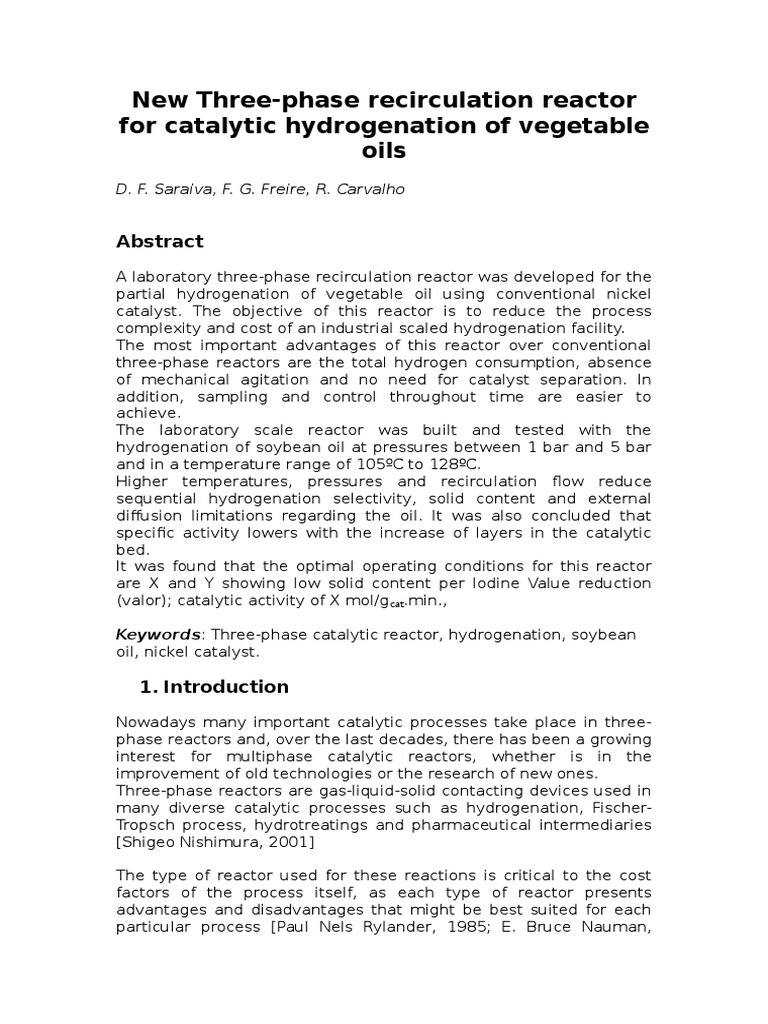 New Three-Phase Reactor For Catalytic Hydrogenation of Vegetable Oils | PDF | Catalysis ...