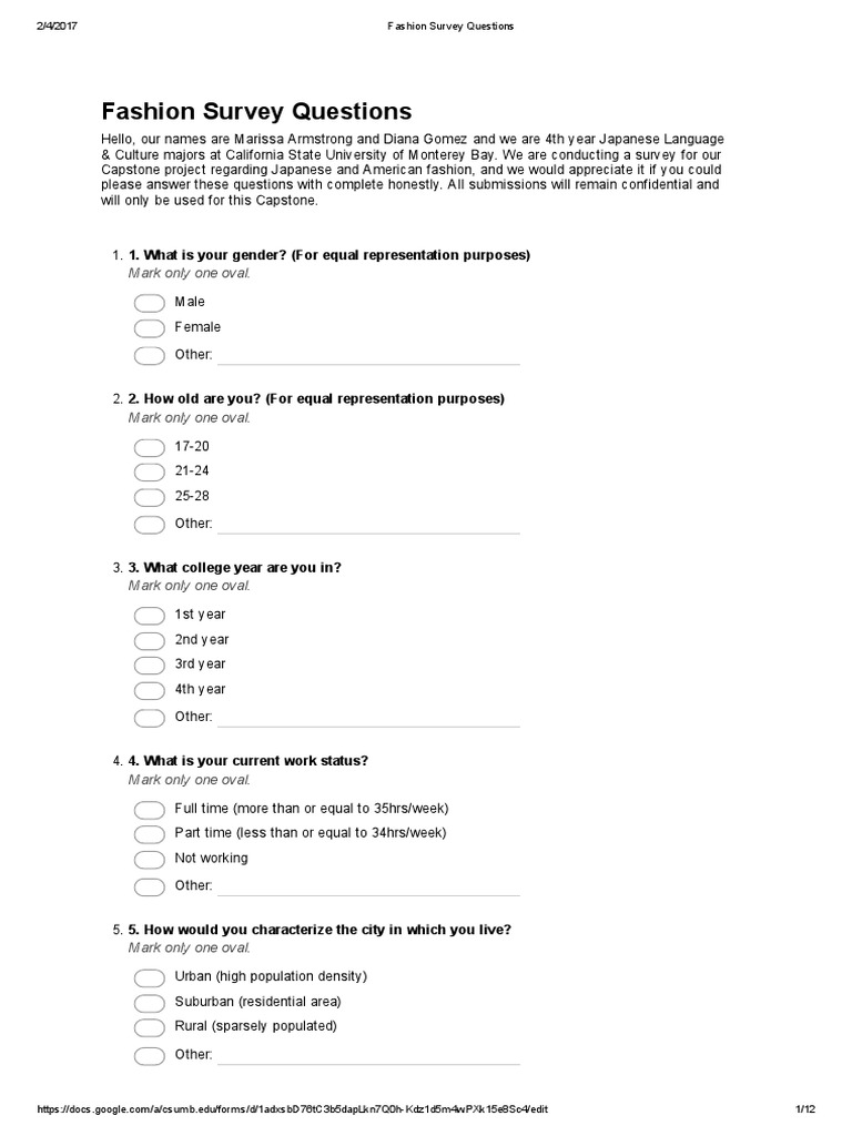 Diana Marissa Capstone Fashion Survey Questions - Google Forms | PDF ...