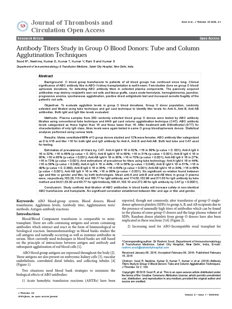 Antibody Titers Study in Group o Blood Donors Tube and Column ...