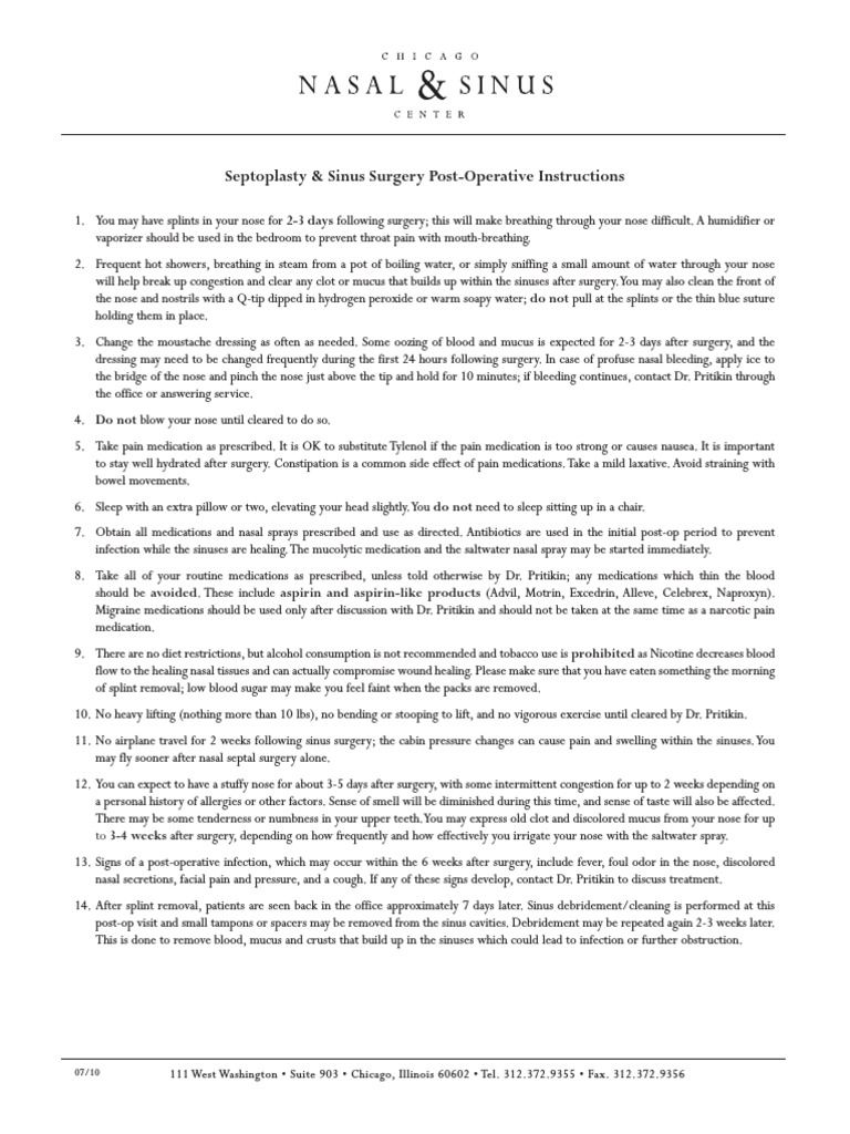Septoplasty & Sinus Surgery Post-Operative Instructions | PDF | Human ...