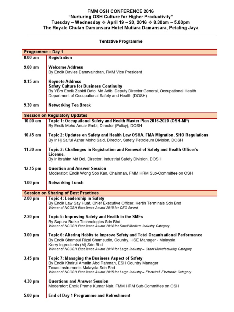 Programme OSH Conference 2016 | PDF | Occupational Safety And Health ...