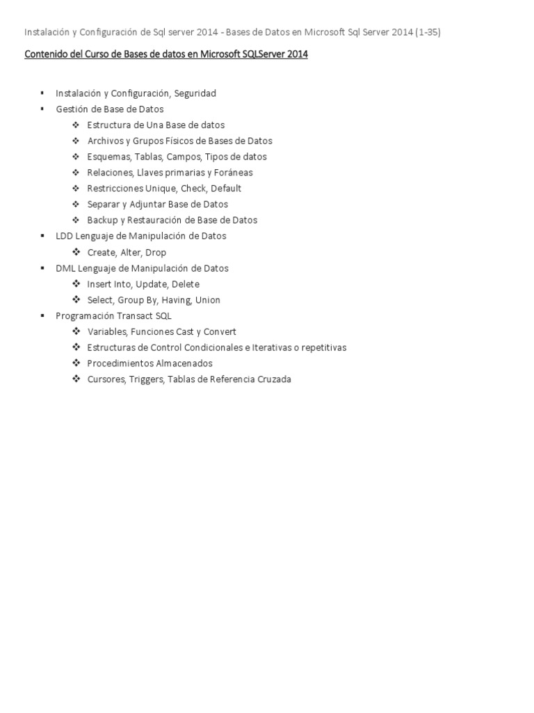 Curso de Transact SQL Server 2014 PDF | PDF | Servidor SQL de Microsoft | SQL