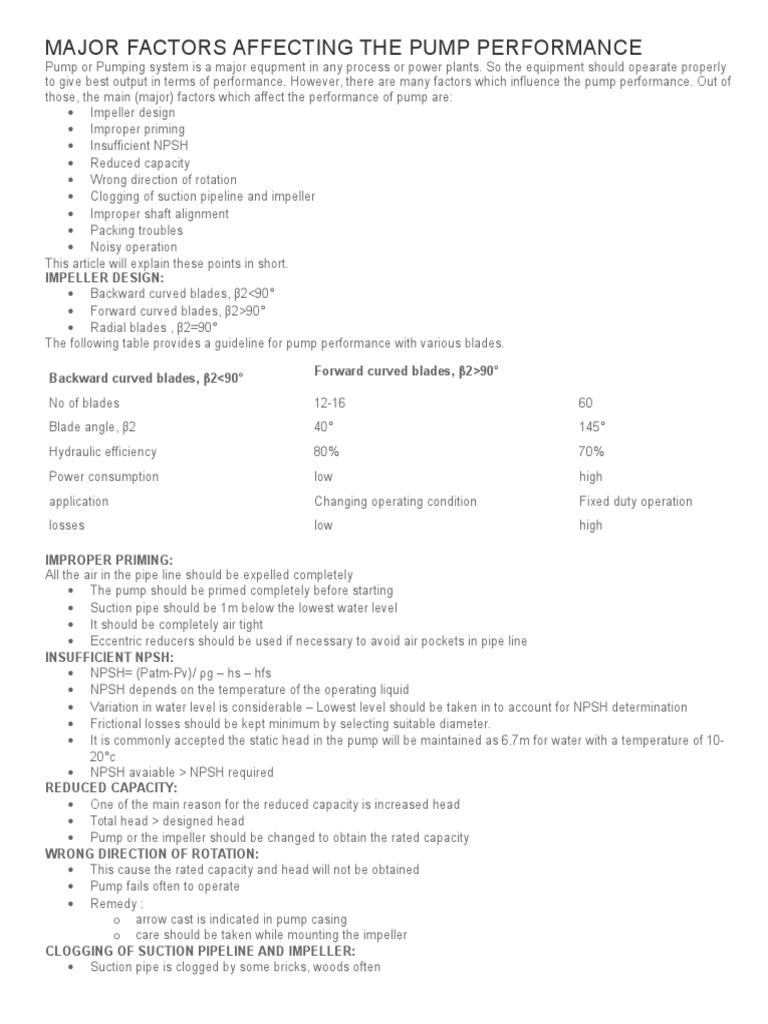 Major Factors Affecting The Pump Performance | PDF | Pump | Building ...