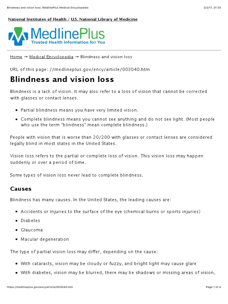 Blindness and Vision Loss: MedlinePlus Medical Encyclopedia | PDF ...