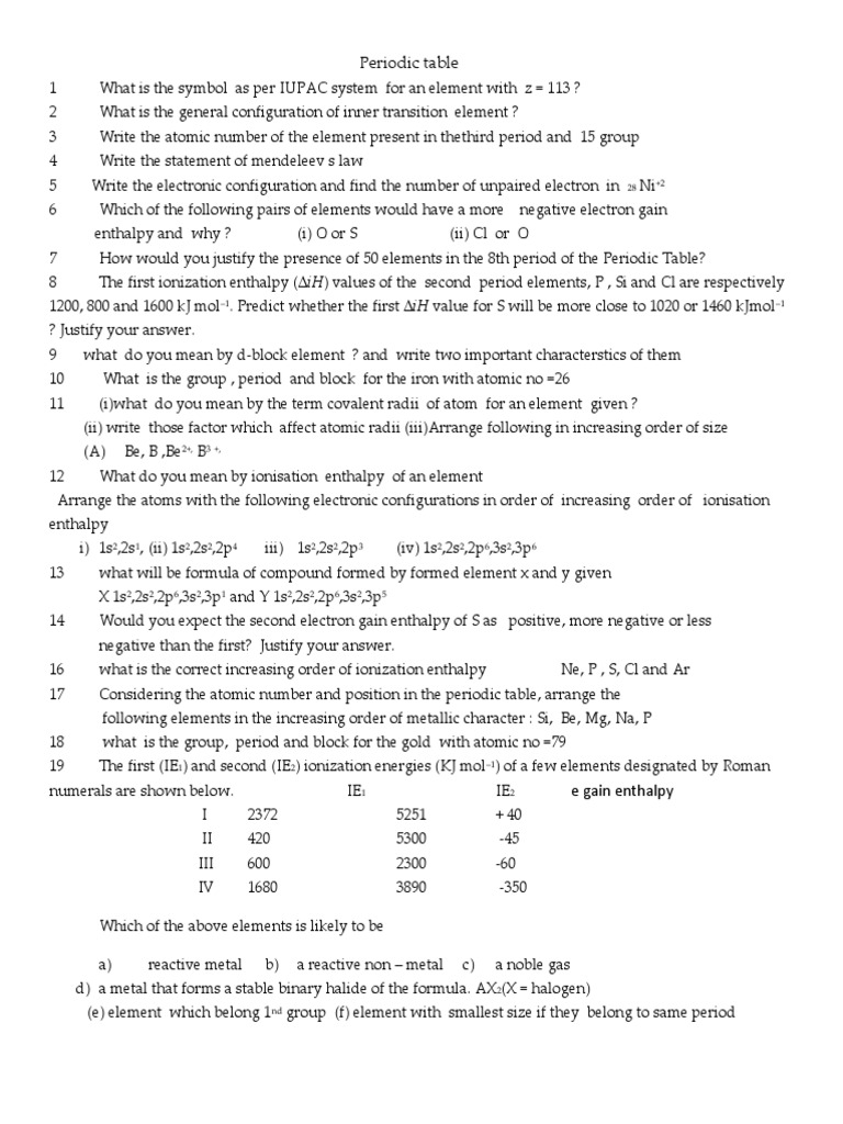 Periodic Table Assignment Questions | PDF