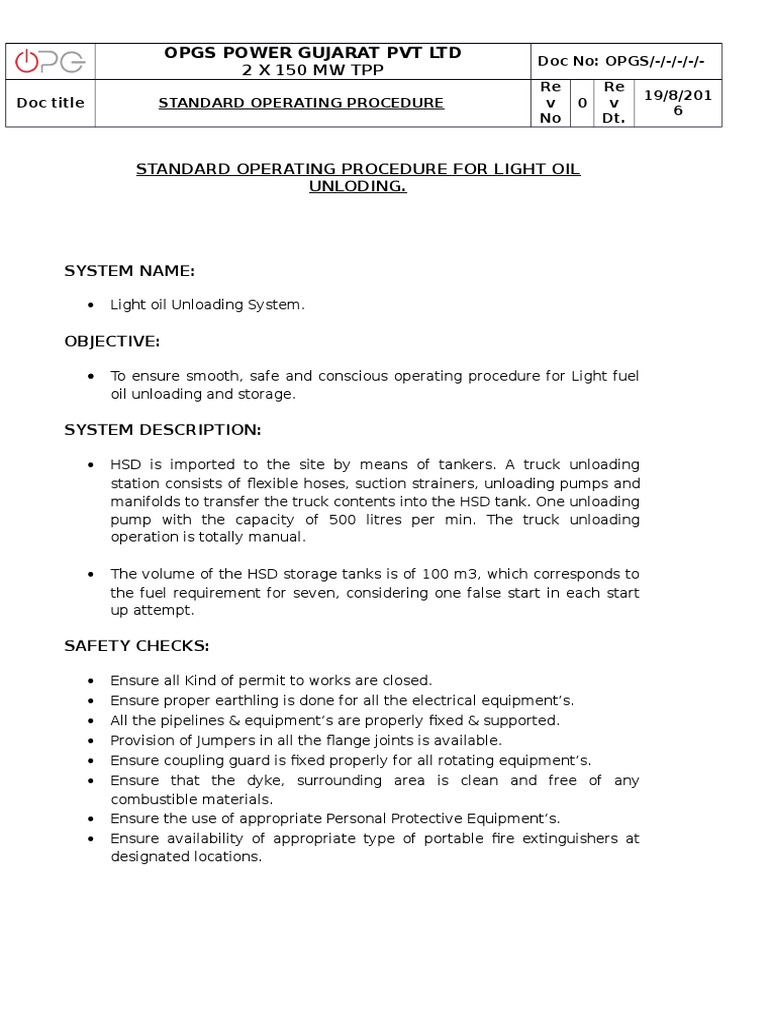 Light Oil Unloading SOP | PDF | Truck | Oil Tanker