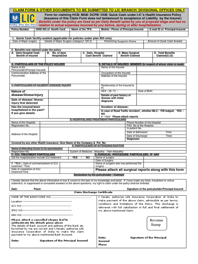 Claim Form & Other Documents To Be Submitted To Lic Branch/ Divisional ...