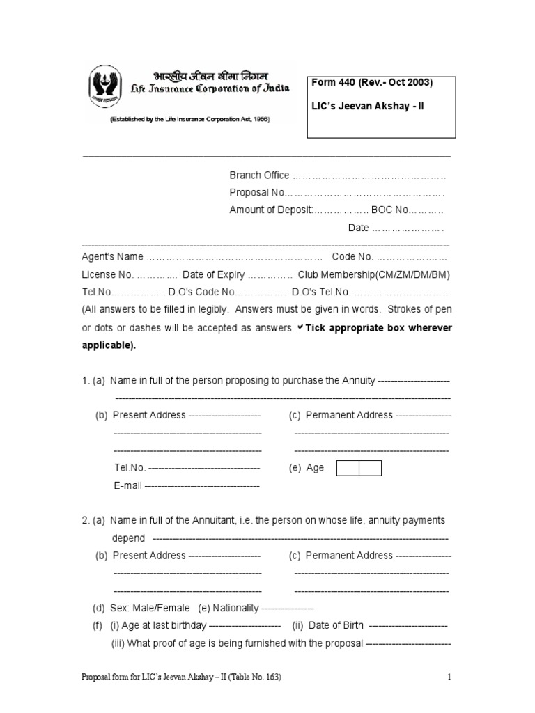 Proposal Form For LIC's Jeevan Akshay - II (Table No. 163) 1 | PDF ...